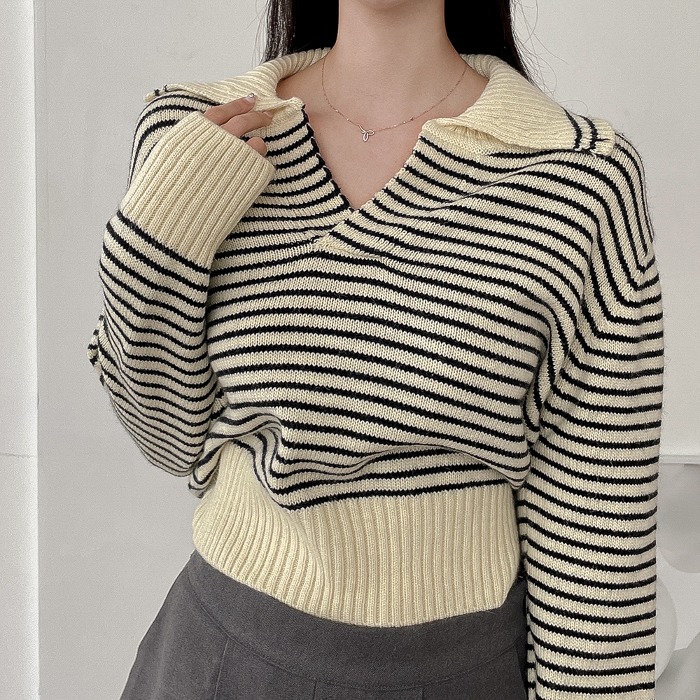 빠른배송💕갓성비 프라하 스트라이프 브이넥 세일러 세라 니트 루즈핏 오버핏 여리핏 빈티지 데일리 폭닥 단가라 배색 골지 줄무늬 와이드 카라 부드러운니트 올드머니