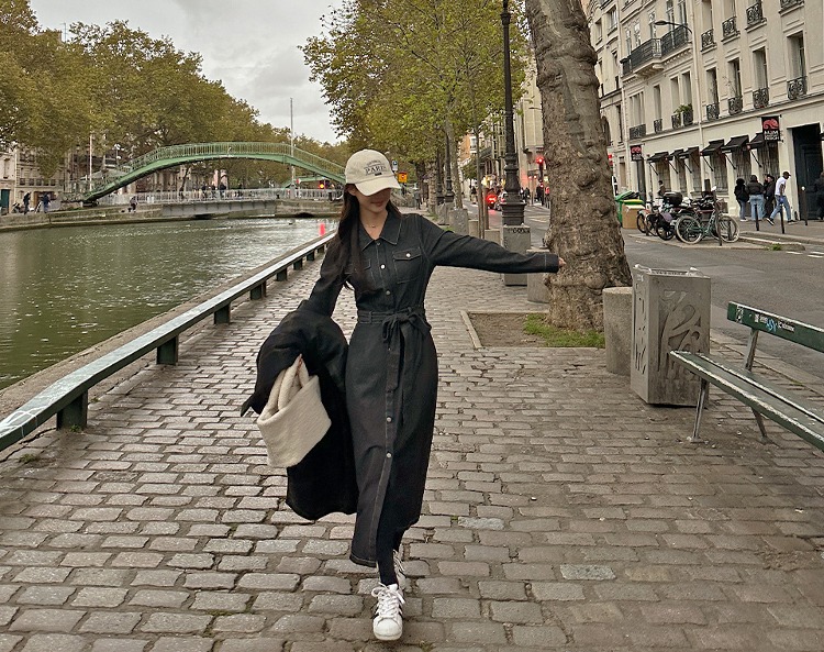 리리앤코 덴루벨 카라넥 벨트 데님 롱 원피스 겨울 가을 신상 데일리 데이트 출근룩 미니멀룩 셔츠원피스 데님원피스 청원피스 흑청원피스 청원피스 데님청 벨트원피스 벨트세트