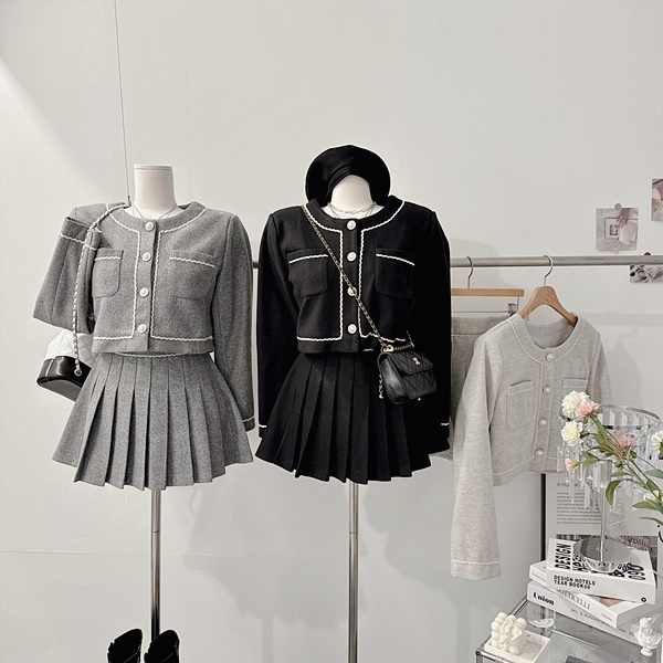 자켓스커트set페미닌 겨울 골드 스티치 포켓 울 트위드 배색 진주 버튼 벌룬 퍼프 긴팔 크롭 숏 자켓 A라인 플레어 주름 플리츠 미니 스커트 투피스 세트 3color