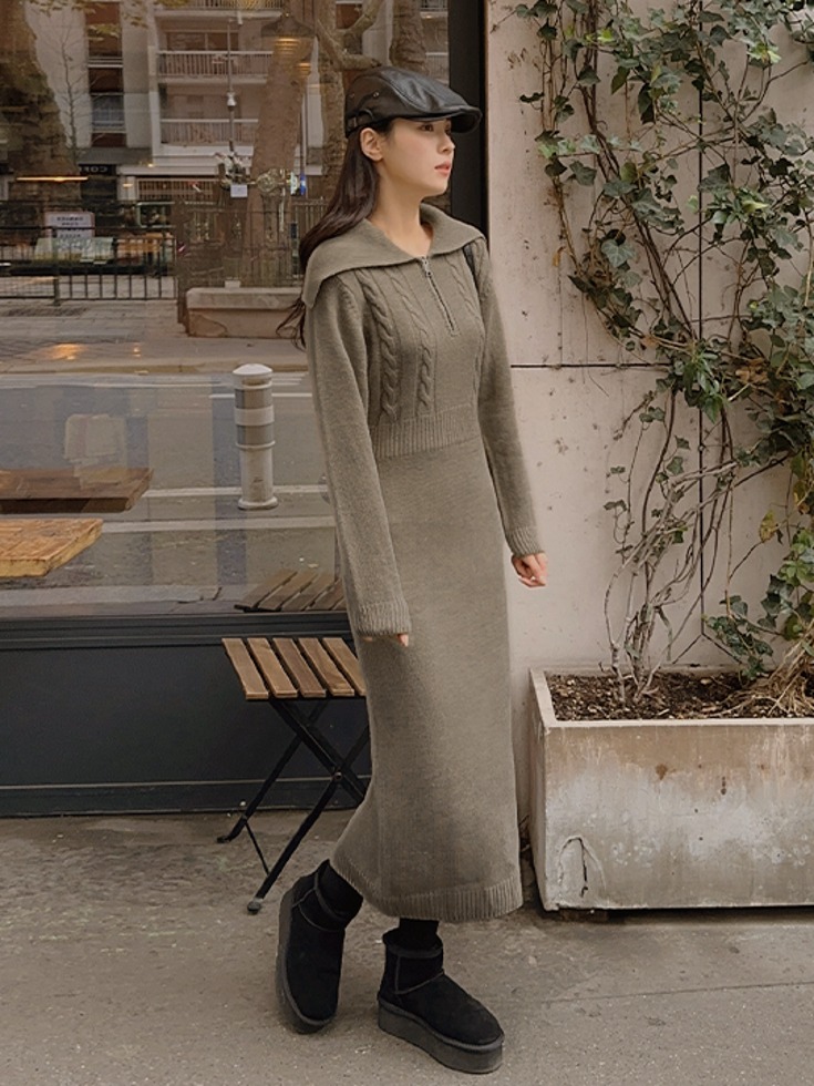 리리앤코 브로키슈 반집업 세일러 카라 꽈배기 니트 롱 원피스 가을 신상 가을룩 겨울신상 겨울룩 겨울원피스 니트원피스 니트롱원피스 데일리룩 데이트룩 집업원피스 세일러원피스