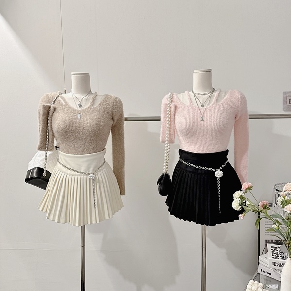 이프유마인 S~m까지속바지안감 겨울 플라워 브로치 큐빅 체인 벨트 포근 부들 Y2k 하이틴 유니크 모직 기모 하이웨스트 A라인 플레어 주름 플리츠 니트 미니 스커트