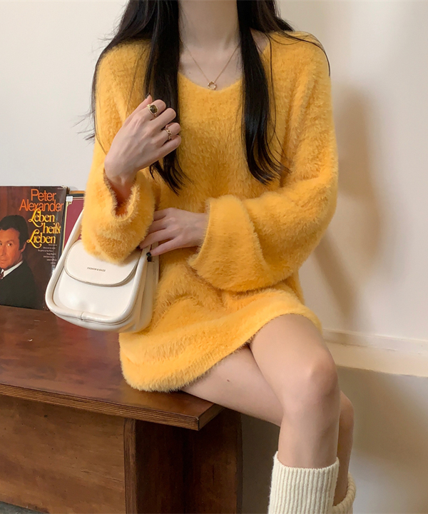 인조 밍크 롱 니트탑 라운드넥 로우숄더 루즈핏 박시 단색 솔리드 인조퍼 페이크퍼 풀오버 니트 스웨터 겨울 부드러운 따뜻한