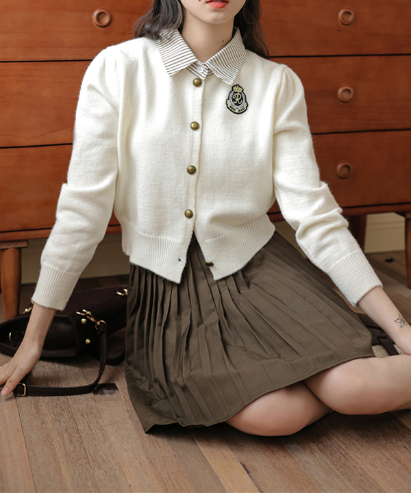 ★페이크 투피스★ 카라넥 퍼프 벌룬 긴소매 단색 솔리드 무지 앞단추 골드버튼 허리시보리 니트 가디건 단정한 깔끔한 대학생 캠퍼스룩 레트로 복고풍 소녀 프레피룩
