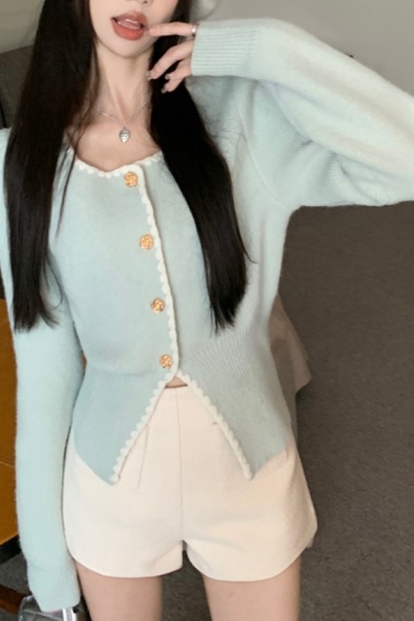 핑크프릴 Set 스카이 스퀘어넥 긴팔 니트 가디건 자켓 반바지나 스커트 투피스 셋업