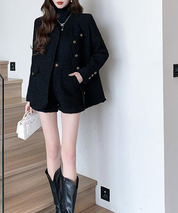 포앤바이앤 블랙 트위드 자켓 바지 투피스 브이넥 루즈핏 와이드 싱글버튼 금장단추 롱 트위드 자켓 And하이웨스트 미디 숏 팬츠 세트 겨울 정장 셋업 수트 격식룩 단정한