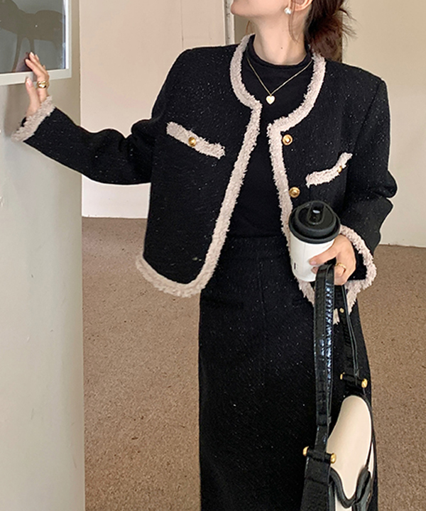 포앤바이앤 오늘출발 원가이하 세일 블랙 Xl 트위드 자켓 스커트 세트 라운드넥 배색라인 골드버튼 일자 크롭 숏 자켓 And 하이웨스트 일자 H라인 뒤트임 롱