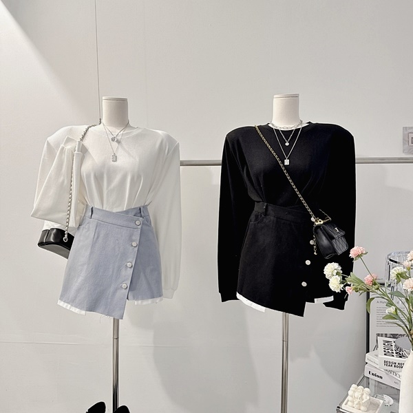 이프유마인 당일발송 맨투맨스커트set꾸안꾸룩 봄 어텀 오버핏 벌룬 퍼프 트임 롱 긴팔 맨투맨 티셔츠 데끼 컷팅 버튼 언발 랩 A라인 플레어 미니 스커트 투피스