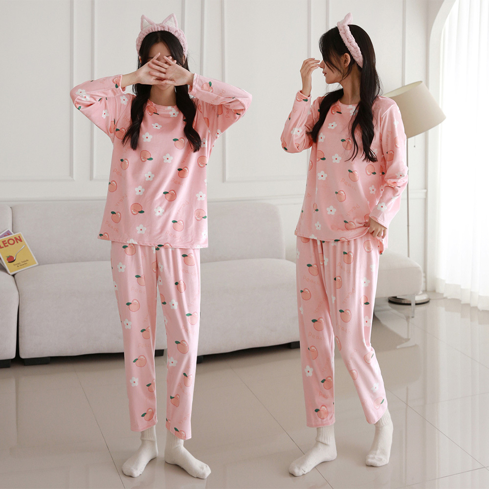 꿀잠예약 기모 복숭아 피치 긴팔 티셔츠 일자바지 울트라 수면 잠옷 세트 홈웨어 셋업 파자마 파티 실내복 가족 주니어 상하세트 캐릭터 부드러운 겨울잠옷 Hs0014