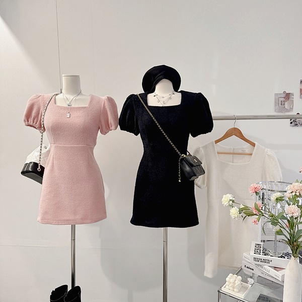 이프유마인 연말룩파티룩하객룩 겨울 리얼리 섹시 글램 슬림 스퀘어넥 트위드 앙고라 퍼 벌룬 퍼프 핀턱 A라인 플레어 반팔 미니 원피스 3color