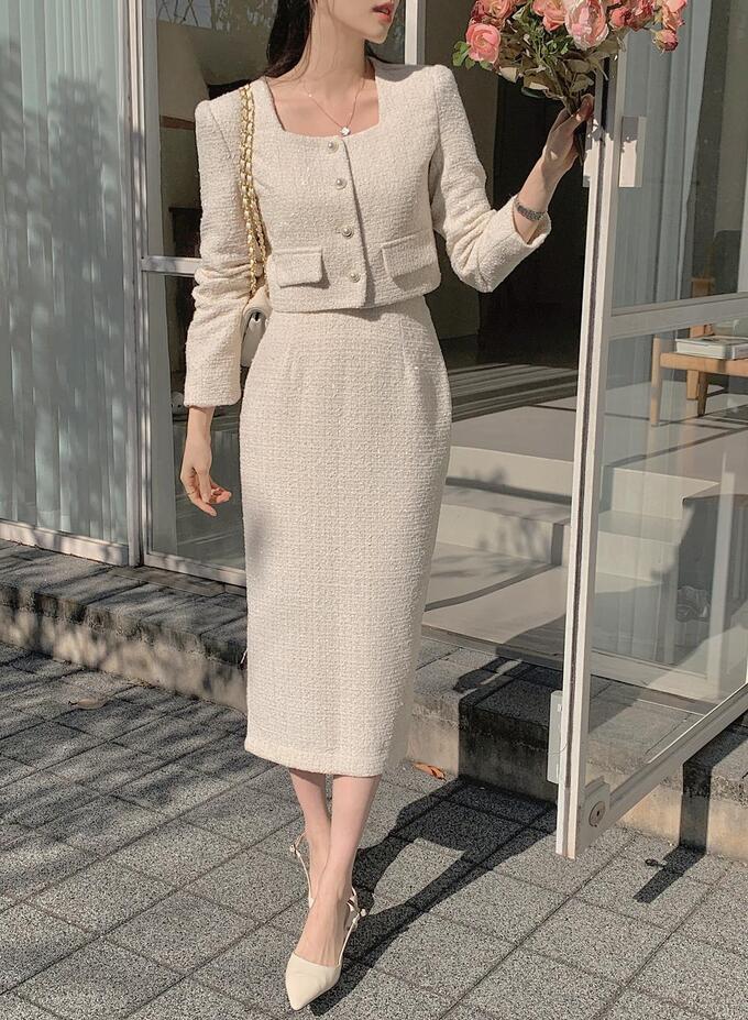 하이클래식 테잘린 스퀘어넥 크롭 진주버튼 트위드 자켓 하이웨스트 H라인 뒷트임 롱 스커트 하객룩 투피스 세트