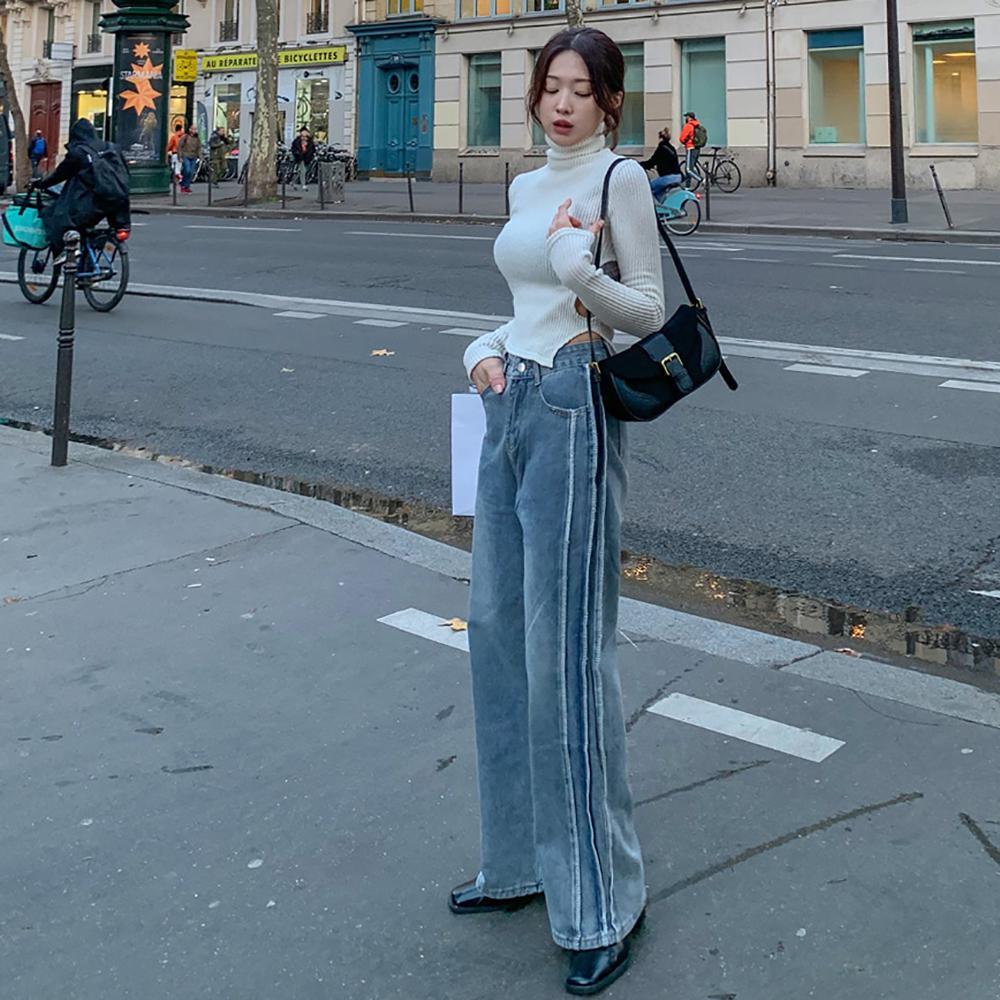 워너비뮤즈 무배🚀 힙한핏 유니크 트랙 하이웨스트 롱 와이드 수술 스티치 팬츠 태슬 라인 포켓 청바지 키큰녀 바지 면 코튼 가을 겨울 사계절 데님 S M