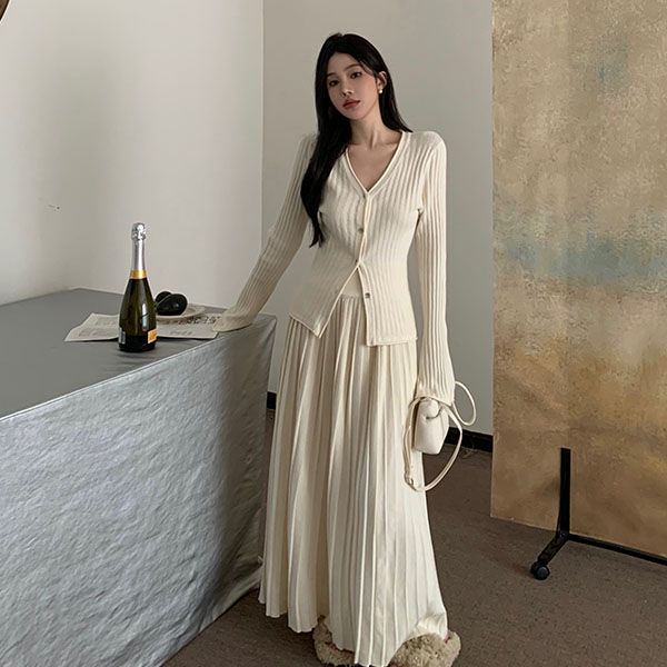 린다걸 코디세트골지 니트 가디건플리츠 롱스커트 세트 데이트 가을 겨울 상하의세트 옷코디 셋업 가디건스커트세트