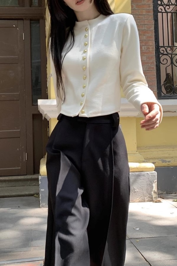 핑크프릴 Set 진주 단추 하프 하이넥 긴팔 자켓 도톰 와이드 정장 바지 투피스셋업