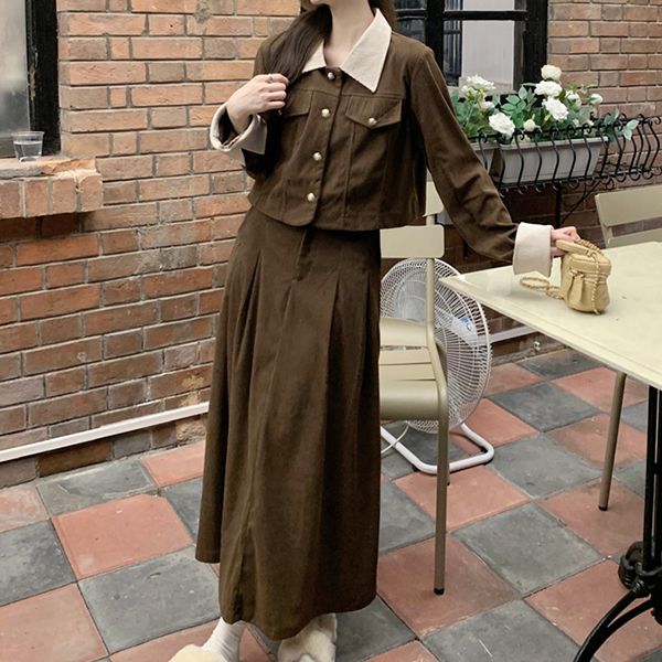 코디세트코듀로이 배색 셔츠코듀로이 플레어 롱스커트 투피스 세트 데이트 가을 겨울 상하의세트 옷코디 셋업 셔츠스커트세트