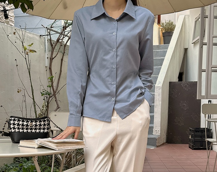 리리앤코 크쥬블린 투버튼 투웨이 슬림핏 셔츠 가을 신상 겨울 셔츠 빅사이즈셔츠 데일리룩 데이트룩 슬림한 허리라인 여리한 긴팔