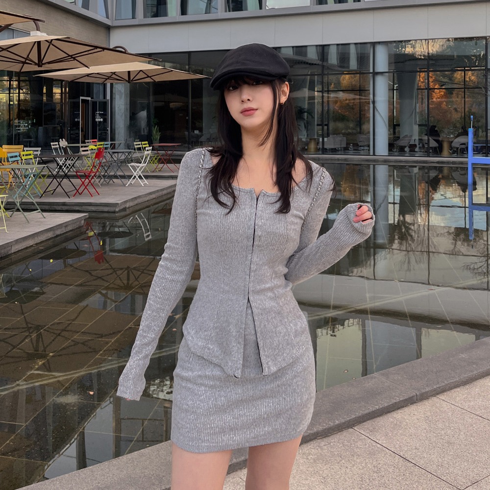 워너비뮤즈 무배🚀 여리섹시🥣연말룩 후크 가디건 골지 U넥 라운드넥 슬림 니트 티셔츠 스판 미니 골지 스커트 투피스 세트 크리스마스룩 Y2k 꾸안꾸룩 파티룩 셋업 셋웨어