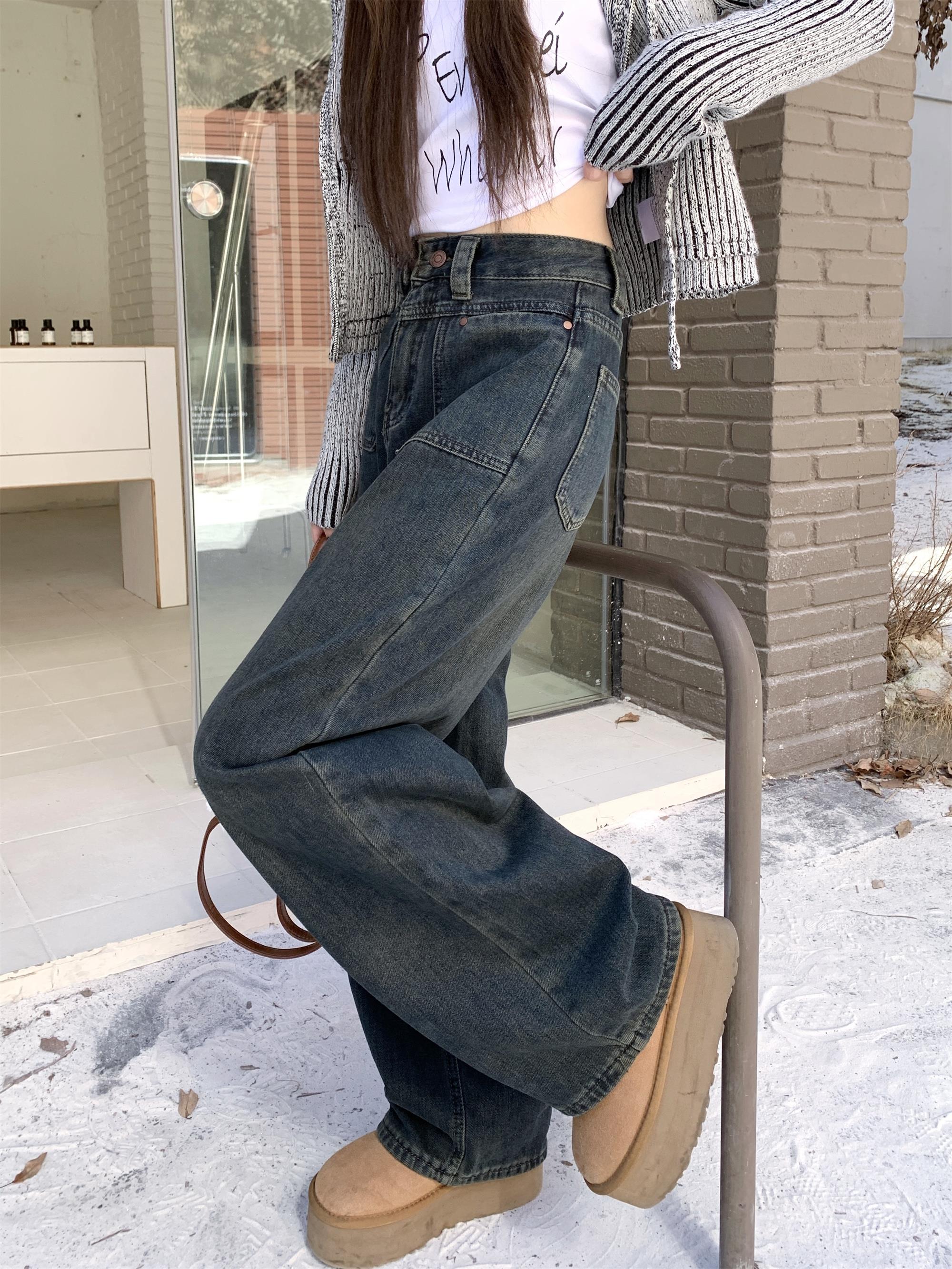 [3size]빅사이즈 데님 하이웨스트 워싱 포켓 버튼 루즈핏 롱 와이드 팬츠 통바지 청바지 캐주얼 학생룩 캠퍼스룩 여친룩 데이트룩 복고 Y2K 유니크한 힙한 댄서룩 MZ ...