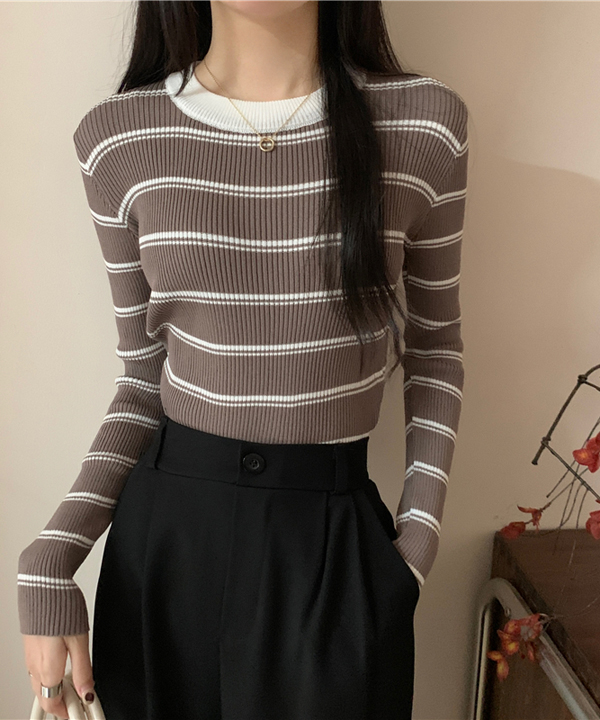 포앤바이앤 베이직 스트라이프 니트티 라운드넥 배색라인 골지 줄무늬 단가라 슬림핏 여리핏 긴소매 풀오버 니트탑 겨울 안에입는 이너티 이너니트 기본 심플 캐주얼 출근룩