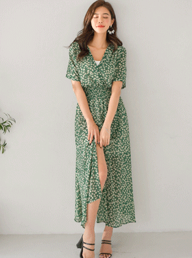 헤링본 에버그린 브이넥 반팔 쉬폰 맥시 롱 여름 비치원피스 빅사이즈 루즈핏 휴양지 바캉스룩 비치웨어 HC458