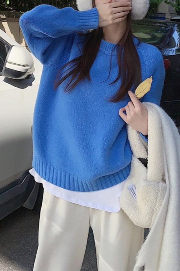 핑크프릴 Set 엘라 라운드넥 긴팔 니트 스웨터화이트 레이어드 긴팔 티셔츠캐주얼 와이드 바지 3p 셋업