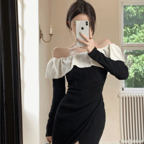 데이달링 달링pickw 프렌치갬성 일자어깨 엘레강스 고급스러운 파티원피스 셀프웨딩 에프터파티 어깨트임 쇄골강조 여신핏 롱원피스 피로연 스판 신축성좋은 연말 크리스마스