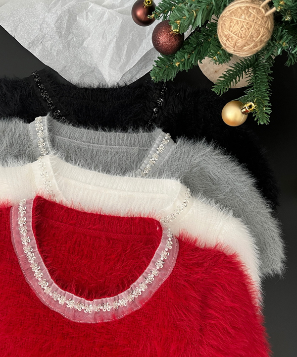 크리스마스 니트 ★ 비즈 레이스 라운드넥 반팔 팔토시 웜머 페이크퍼 인조털 밍크 슬림핏 크롭 숏 니트탑 레드 러블리 사랑스러운 로맨틱 연말 파티룩 모임룩 여친 데이트룩