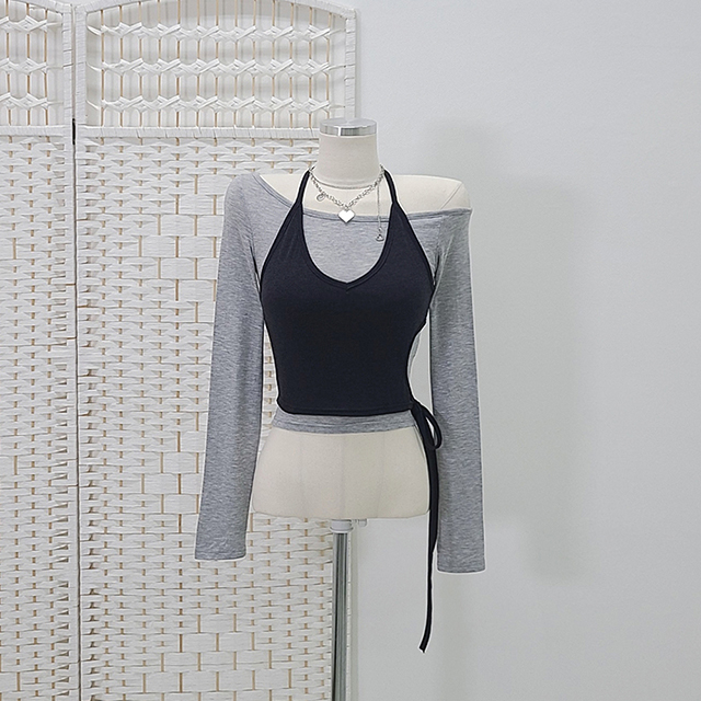 룸제이 11할인세트가격발레코어룩유니크힙한속기모y2k연말룩 르세라 레이어드 홀터넥 트임 나시 투피스 세트 리본 끈 슬림핏 언발 사선 세미 반 원 오프숄더