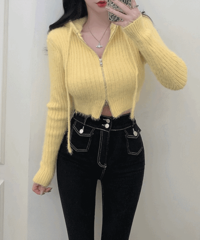 버닝블루 [5COLORS/글램핏] 상코미 앙고라 골지니트 투웨이 크롭 후드집업/버닝블루