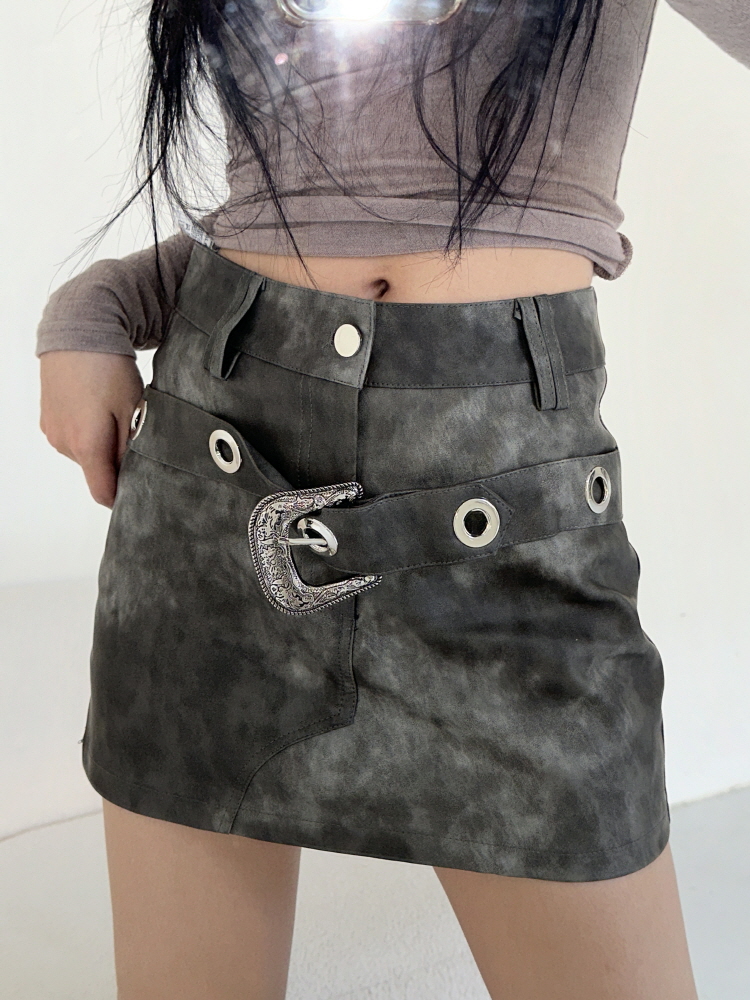 y2k 타이 워싱 웨스턴 벨트 포인트 레더 미니 스커트(4color/3-5일 여유주문)
