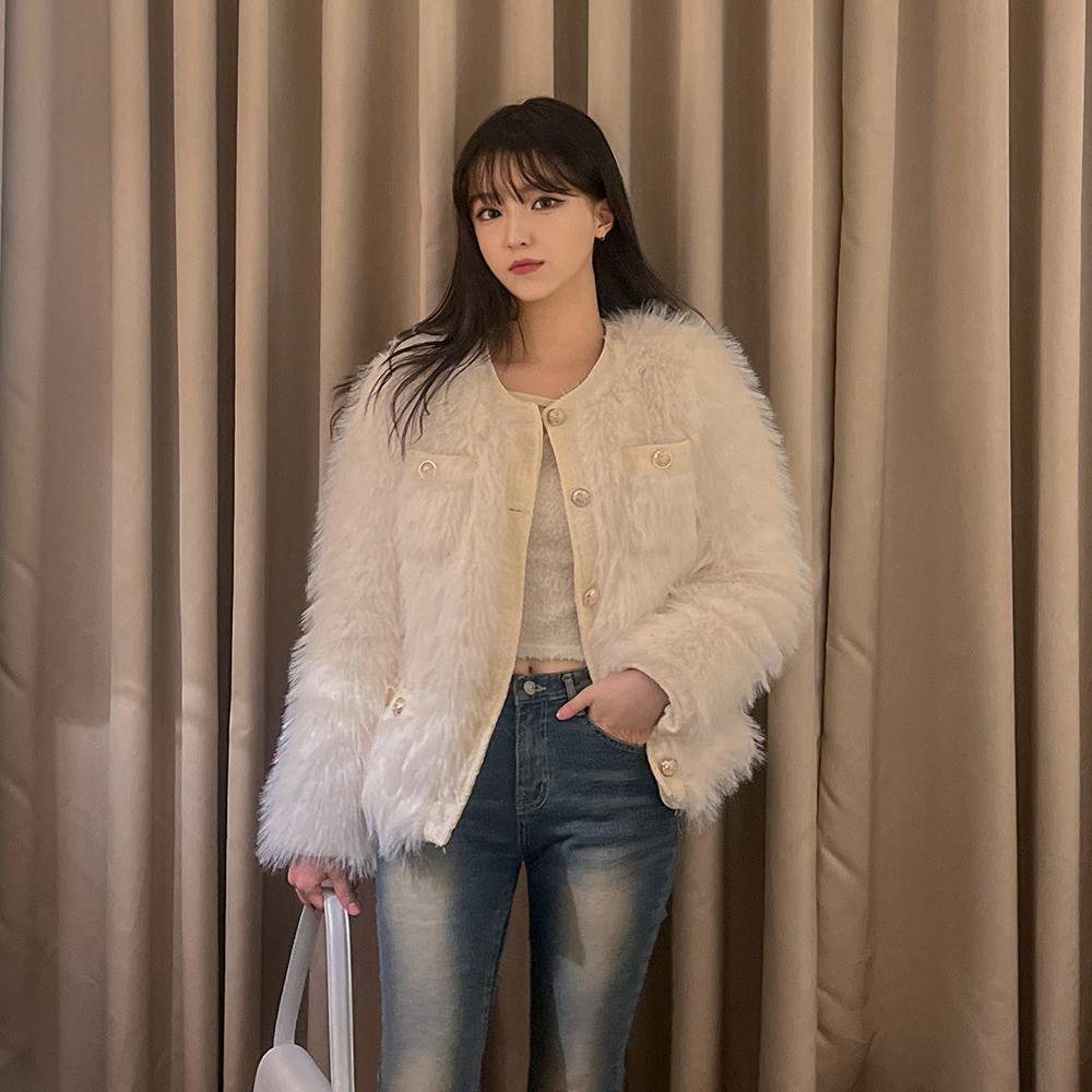 워너비뮤즈 무배🚀 누빔안감💝연말룩추천 누빔 트위드 퍼 자켓 노카라 울 가디건 하프 코트 양털 패딩 겨울 아우터 크리스마스 파티룩 아이보리 블랙 핑크