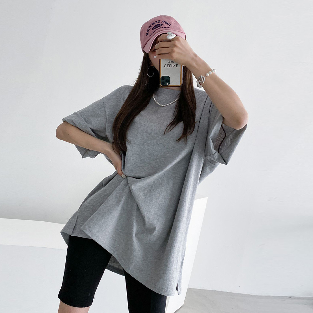 유야 남녀공용6컬러 사계절 면 무지 박스 라운드넥 반팔 트임 롱 티셔츠 이너티 레이어드티 커플티 Ts0285 빅사이즈 루즈핏 가을 겨울 코디