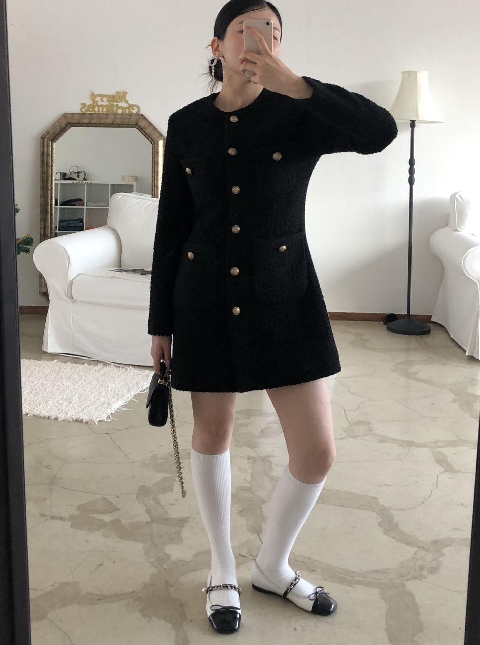 온루엣 SALE(아 당일)골드버튼 트위드 포켓 미니 원피스(2col)