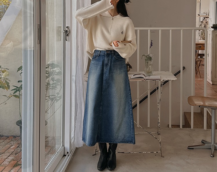 리리앤코 베런드 기모 뒷밴딩 워싱 데님 롱 스커트 겨울 신상 겨울옷 워싱데님 빈티지 기모스커트 겨울스커트 청치마 청스커트 A
