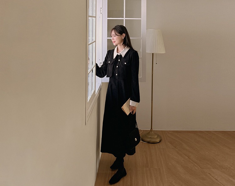 리리앤코 2천장 돌파 하미린 코듀로이 배색 카라 레이어드 롱 원피스 가을 겨울 신상 겨울룩 데일리룩 데이트룩 출근룩 하객룩 격식룩 러블리룩 캠퍼스룩 유니크룩 심플룩