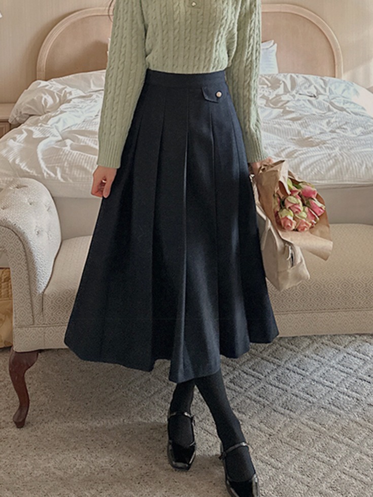 리리앤코 트나코앤 기모 금장단추 포켓 플리츠 롱 스커트 겨울 신상 데일리룩 데이트룩 캐주얼룩 심플 클래식 빅사이즈 통통녀 기모스커트 겨울스커트 플리츠스커트 주름스커트 격식