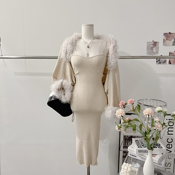 이프유마인 가디건원피스set페미닌 겨울 비너스 리얼 래빗 밍크 퍼 크롭 니트 볼레로 가디건 섹시 글램 슬림 큐빅 스트랩 골지 나시 롱 원피스 투피스 세트