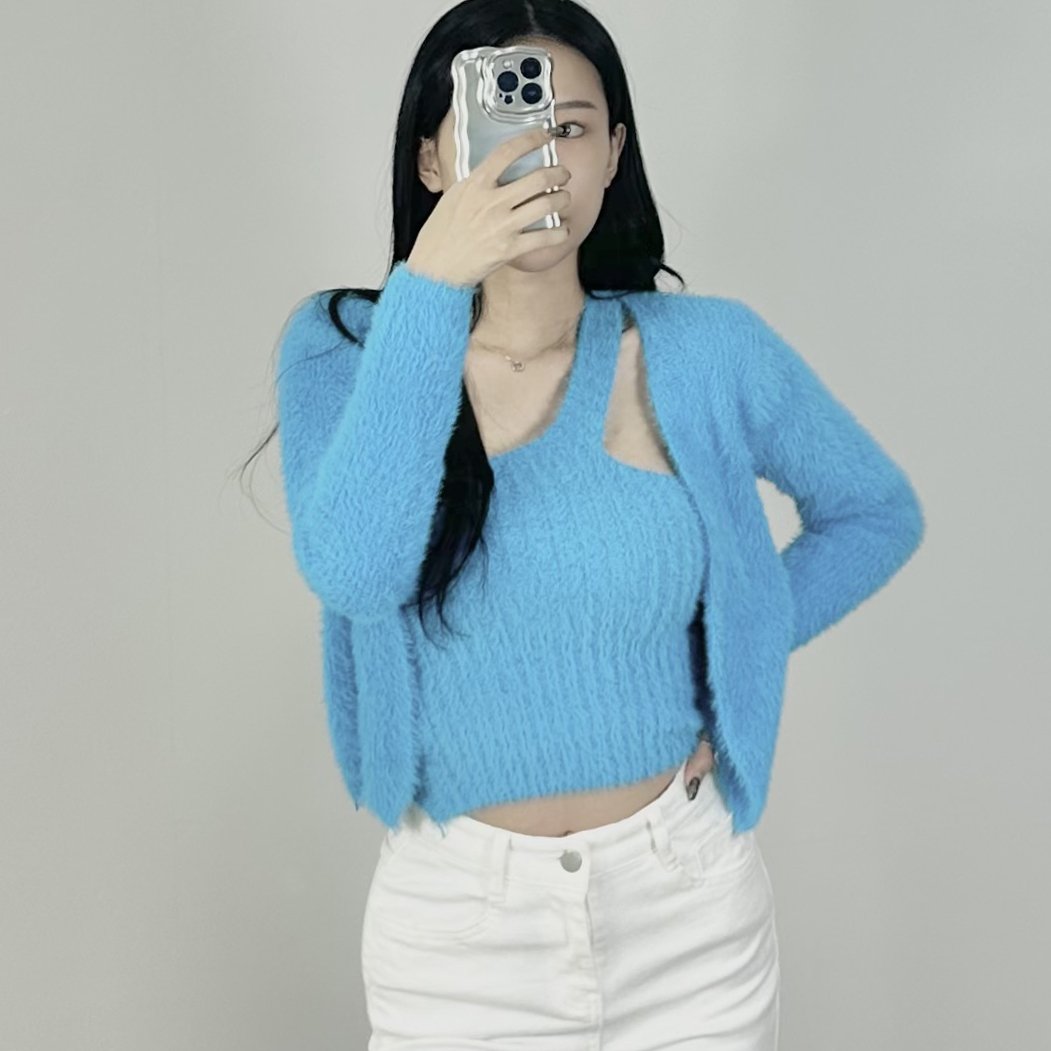 [무료배송 ][나시+가디건SET/4col] 앙고라 크롭 CROP 가디건 사선 나시 세트 페미닌 청순 여리 데일리 유니크 러블리 섹시 글램 색감좋은 (4colors)