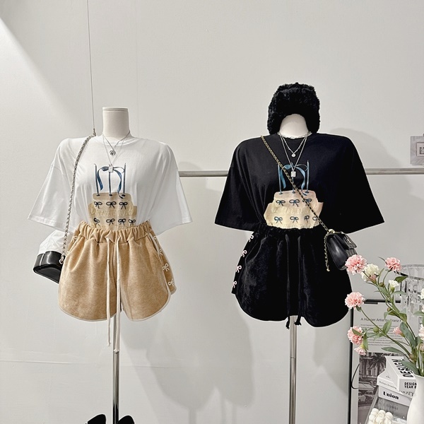 이프유마인 Y2k하이틴유니크 봄 리본 나염 프린팅 배색 골덴 코듀로이 밴딩 하이웨스트 로우라이즈 핀턱 A라인 플레어