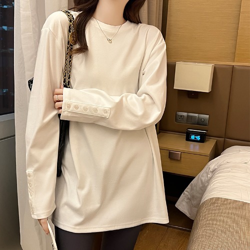 더블제이 기모안감 2color 24FW 신상 기본 무지 티셔츠 코디 세일/ 레이어드 필수템 화이트 블랙 컬러 무지 루즈 핏 소매 단추 T-shirts/ 일상 데일리 후드티 ...