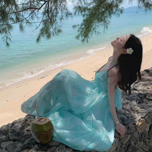 레드베리 여름신상여름원피스 캉캉 시스루 홀터넥 나시 롱원피스 쉬폰 리본 프릴 가슴 백트임 등트임 블루 맥시 홀터원피스 동남아 여행 해변 휴가 피크닉 비치 호캉스 봄나들이