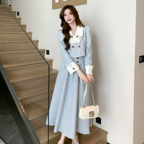 바이미뉴 투피스셋업겨울정장수트세트 세미 정장 빅카라 배색 숏자켓 트위드 크롭 겨울자켓 A라인 하이웨이스트 플레어 롱스커트 오피스룩 직장인룩 20대 30대