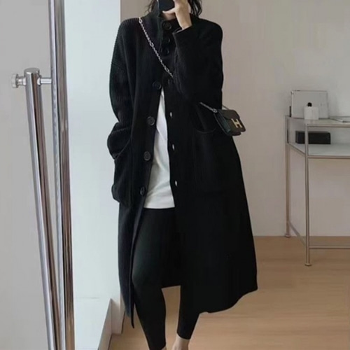 마롱패션 데일리 캐쥬얼 룩 여성 하이 넥 니트 롱 가디건 블랙 여자 겨울 레이어드 봄 검정 마롱패션