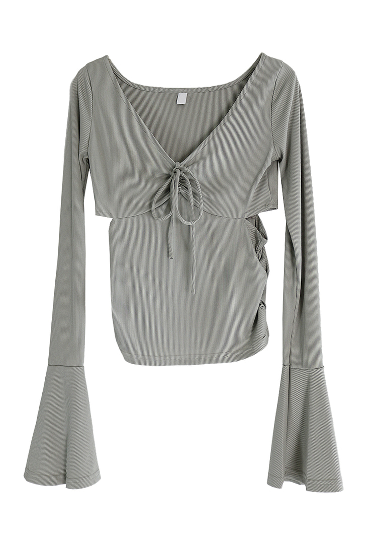 시크윈 STOO CUTOUT TENSION V-NECK STRING SLEEVE SHIRRING TOP 스투 컷아웃 텐션 V넥 ...