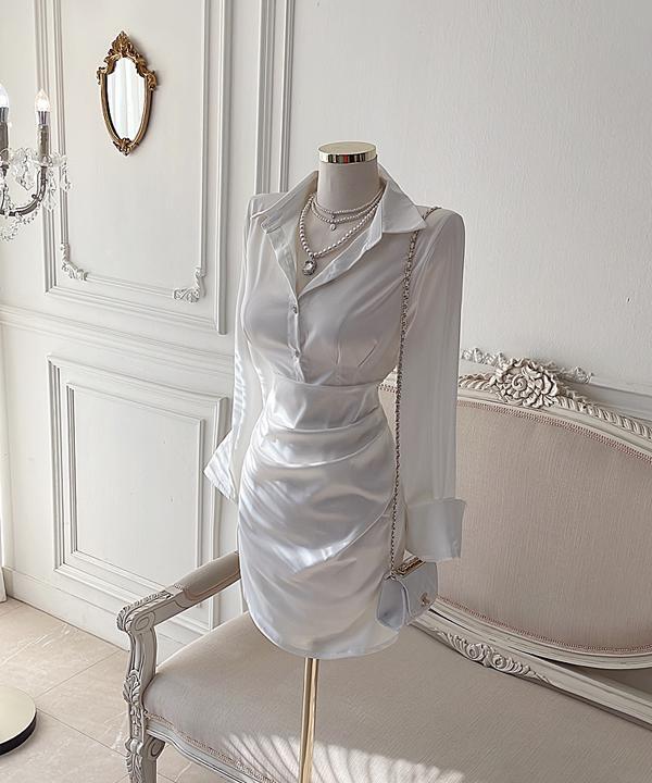 우아르 아테나 새틴 셔츠 미니원피스 결혼식 하객룩 행사룩 데이트룩 파티룩 브라이덜샤워 오피스룩 돌잔치원피스 셀프웨딩 웨딩촬영 봄원피스 셔츠원피스 실크원피스 카라원피스