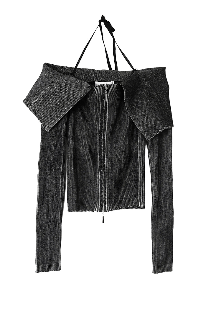 시크윈 FACT ZIPPER HALTER STRING RIBBED ZIP-UP OFF-SHOULDER KNITWEAR 팩트 지퍼 ...