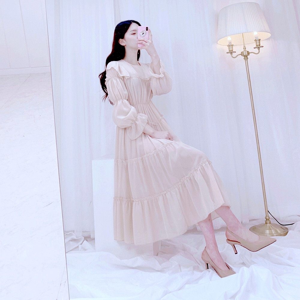 당일발송💗 여신 쉬폰 프릴 러플 롱 원피스 연베이지핑크 봄 결혼식 하객룩 파티룩 모임룩 웨딩 스냅 올드머니 올드머니룩 발레코어 짐머 홈웨어