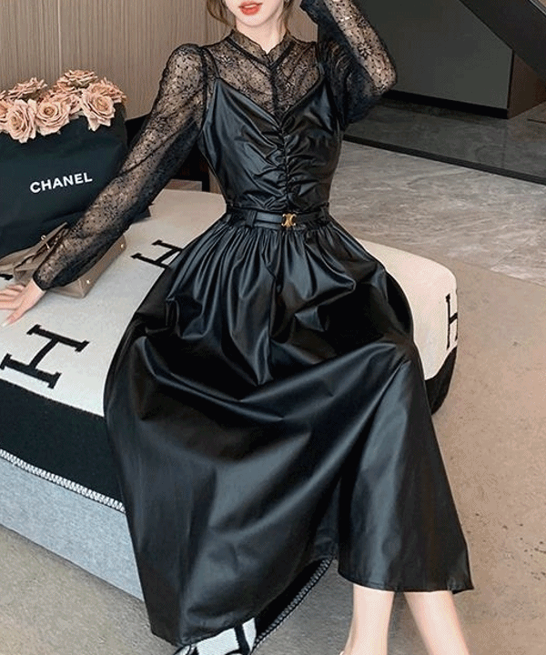 마리그램 셔링 뷔스티에 롱레더스커트 투피스 우아한 시스루 폴라넥 레이스 블라우스 뷔스티에 셔링 하이웨스트 플레어 롱레더스커트 세트 우아한 결혼식 하객룩 시스루블라우스