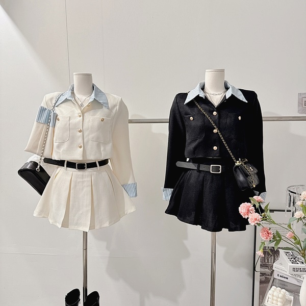 자켓스커트set페미닌 벨트set 봄 스칼렛 금장 트위드 배색 단가라 스트라이프 셔츠 카라 긴팔 크롭 숏 자켓 A라인 플레어 플리츠 미니 스커트 투피스 세트