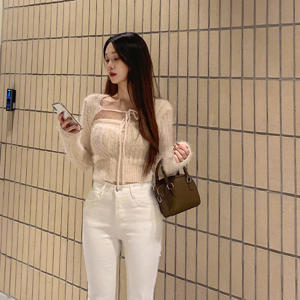 무배🚀[소장강추ㅠㅠ🤍여리섹시] *누적1만장*실물갑! 복실 앙고라 탑 + 리본 스트랩 볼레로 세트 셋업 니트 골지 투피스 군살커버 여리 글램 4COL