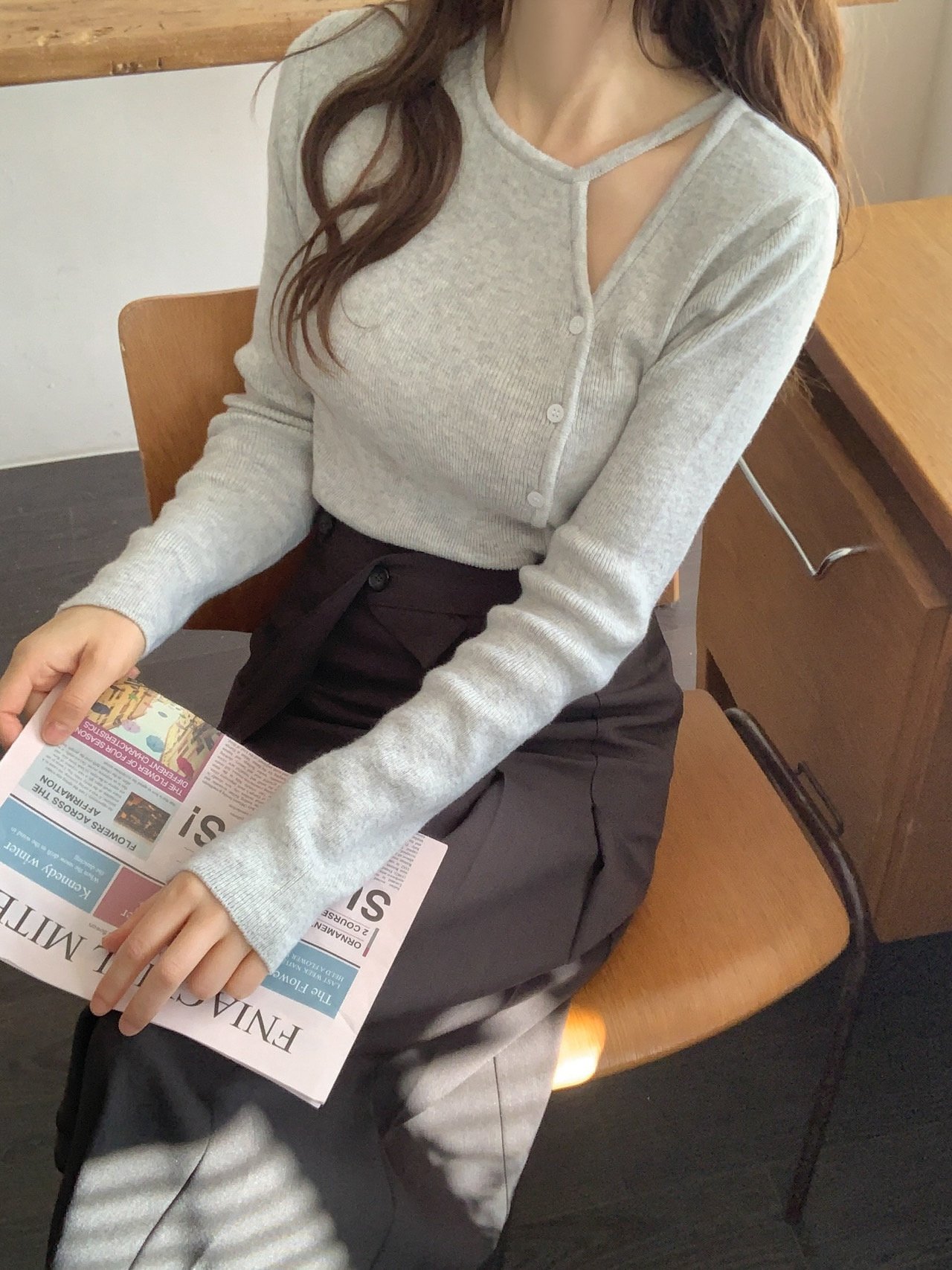 골지 트임 가디건 여성 봄 긴팔 언발 라운드 니트 러블리(4컬러)401110